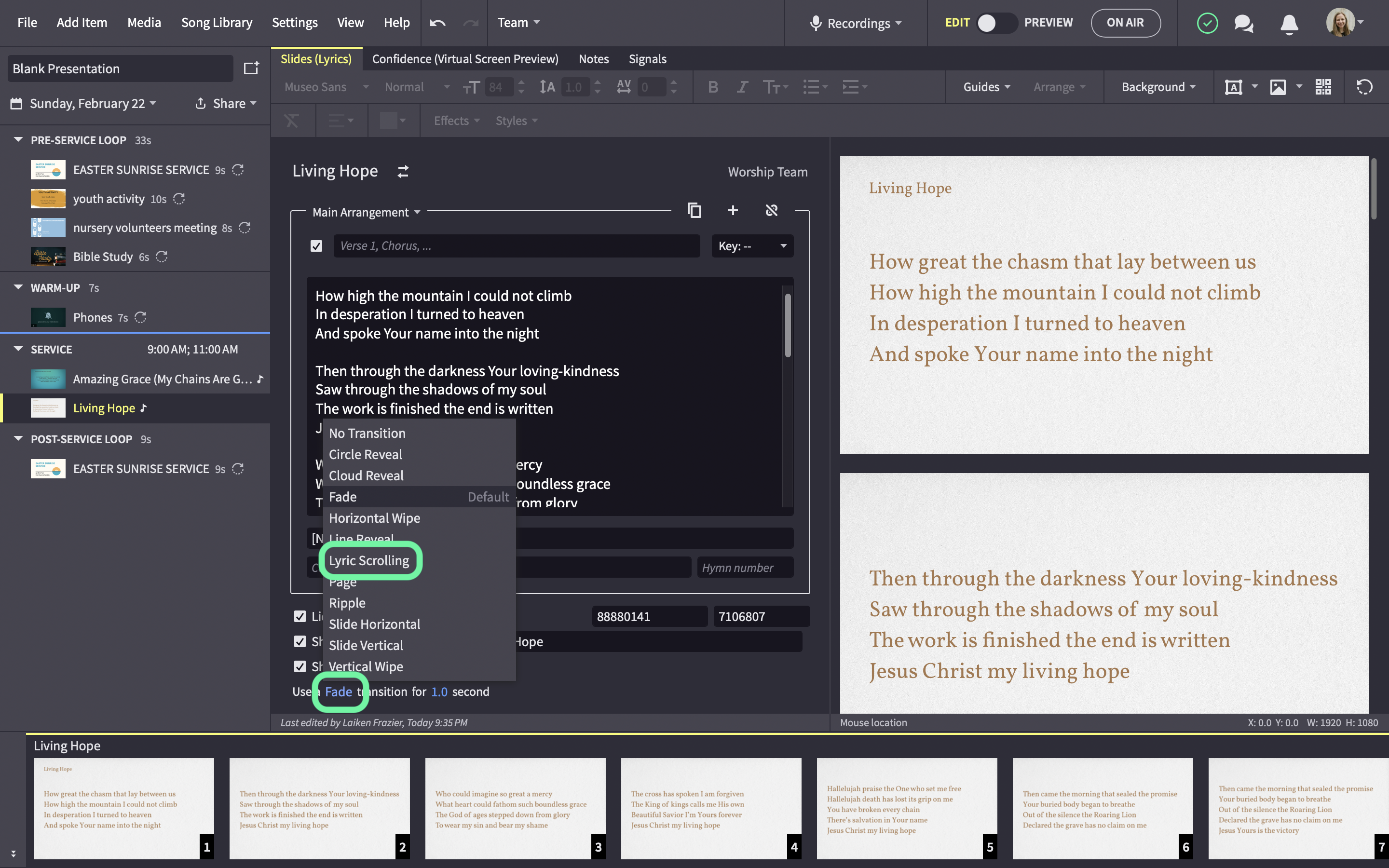Dynamic Lyric Scrolling Song Transition – Proclaim